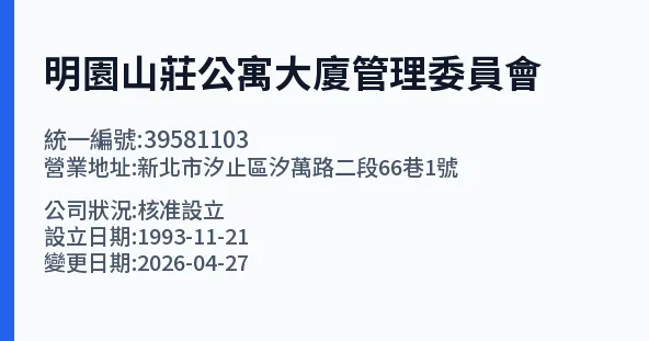 明園山莊公寓大廈管理委員會的照片-統編 39581103(新北市) 公司登記資料與營業項目詳細圖表