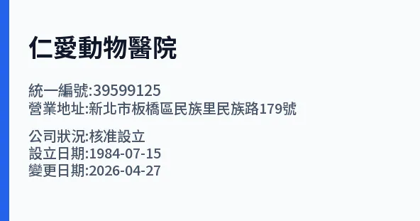 仁愛動物醫院的照片-統編 39599125(新北市) 公司登記資料與營業項目詳細圖表