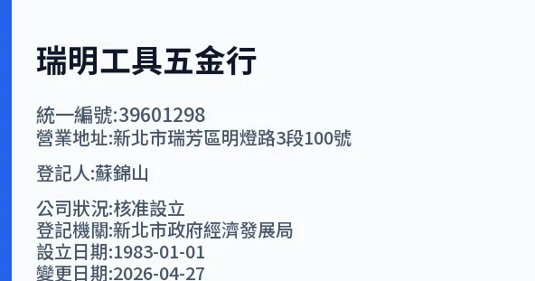 瑞明工具五金行的照片-統編 39601298(新北市) 公司登記資料與營業項目詳細圖表