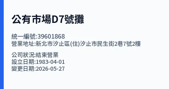 公有市場D7號攤的照片-統編 39601868(新北市) 公司登記資料與營業項目詳細圖表