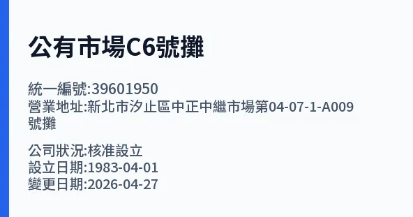 公有市場C6號攤的照片-統編 39601950(新北市) 公司登記資料與營業項目詳細圖表
