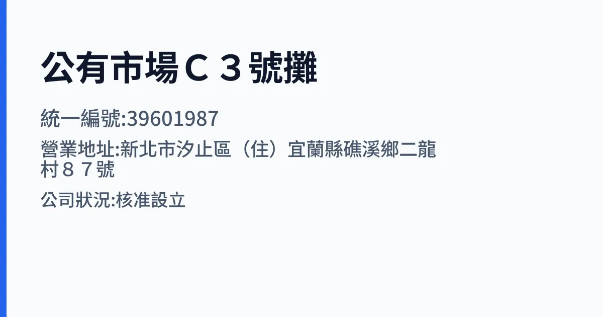公有市場C3號攤 - 統編 39601987(新北市) 公司登記資料與營業項目詳細圖表