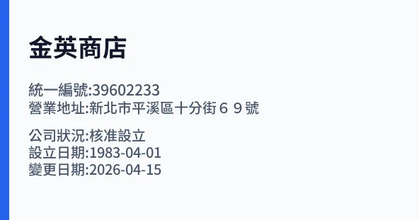 金英商店的照片-統編 39602233(新北市) 公司登記資料與營業項目詳細圖表