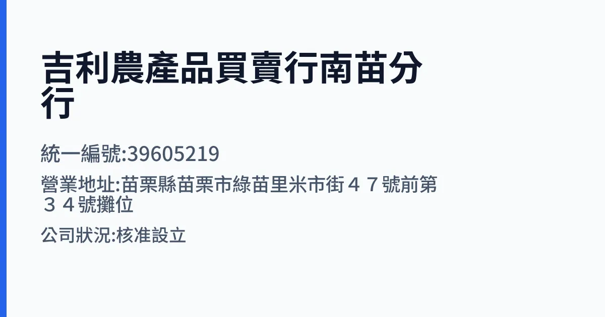 吉利農產品買賣行南苗分行 - 統編 39605219(苗栗縣) 公司登記資料與營業項目詳細圖表