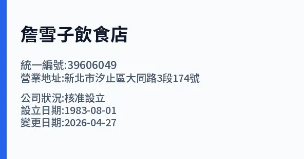 詹雪子飲食店的照片-統編 39606049(新北市) 公司登記資料與營業項目詳細圖表