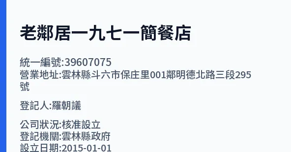 老鄰居一九七一簡餐店的照片-統編 39607075(雲林縣) 公司登記資料與營業項目詳細圖表