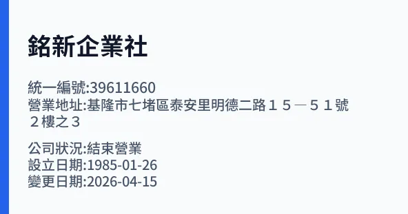 銘新企業社的照片-統編 39611660(基隆市) 公司登記資料與營業項目詳細圖表
