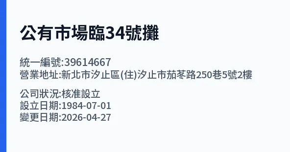 公有市場臨34號攤的照片-統編 39614667(新北市) 公司登記資料與營業項目詳細圖表