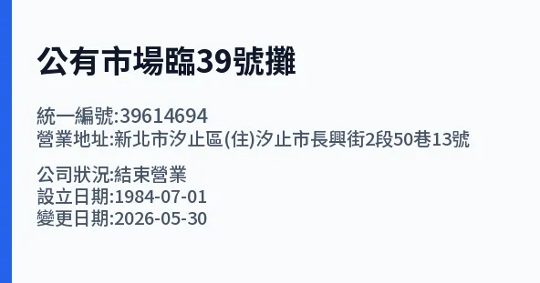 公有市場臨39號攤的照片-統編 39614694(新北市) 公司登記資料與營業項目詳細圖表