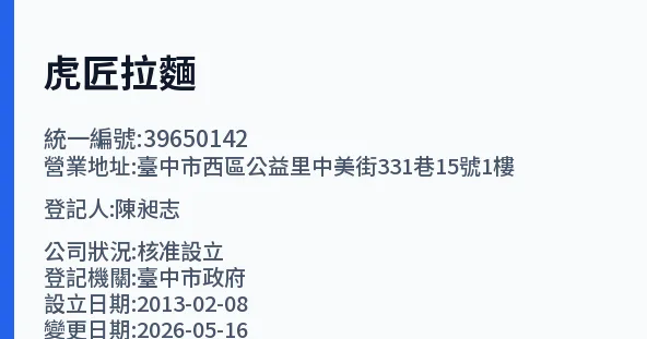 虎匠拉麵的照片-統編 39650142(臺中市) 公司登記資料與營業項目詳細圖表