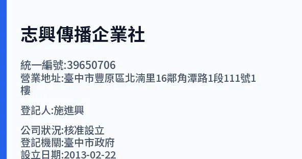 志興傳播企業社的照片-統編 39650706(臺中市) 公司登記資料與營業項目詳細圖表
