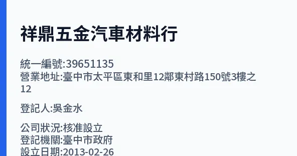 祥鼎五金汽車材料行的照片-統編 39651135(臺中市) 公司登記資料與營業項目詳細圖表