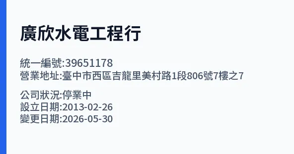 廣欣水電工程行的照片-統編 39651178(臺中市) 公司登記資料與營業項目詳細圖表