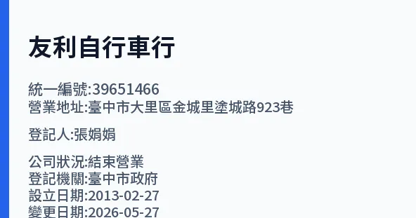 友利自行車行的照片-統編 39651466(臺中市) 公司登記資料與營業項目詳細圖表