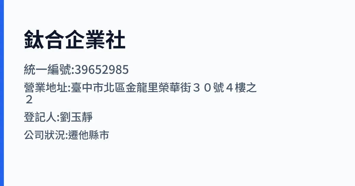鈦合企業社 - 統編 39652985(桃園市) 公司登記資料與營業項目詳細圖表