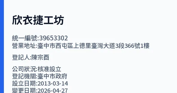 欣衣捷工坊的照片-統編 39653302(臺中市) 公司登記資料與營業項目詳細圖表