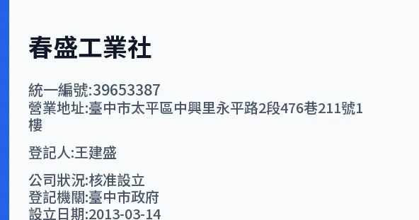 春盛工業社的照片-統編 39653387(臺中市) 公司登記資料與營業項目詳細圖表