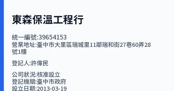 東森保溫工程行的照片-統編 39654153(臺中市) 公司登記資料與營業項目詳細圖表
