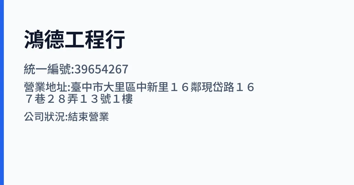 鴻德工程行 - 統編 39654267(臺中市) 公司登記資料與營業項目詳細圖表