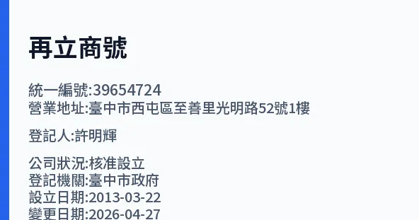 再立商號的照片-統編 39654724(臺中市) 公司登記資料與營業項目詳細圖表