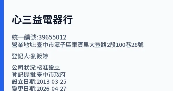 心三益電器行的照片-統編 39655012(臺中市) 公司登記資料與營業項目詳細圖表