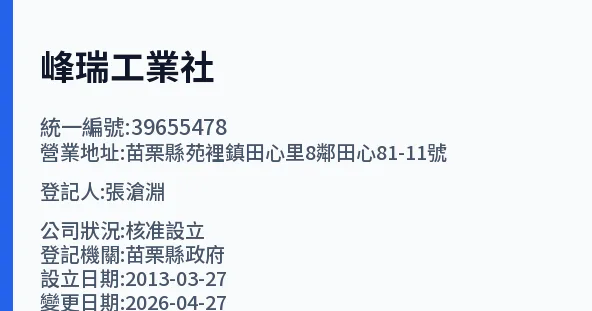 峰瑞工業社的照片-統編 39655478(苗栗縣) 公司登記資料與營業項目詳細圖表