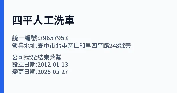 四平人工洗車的照片-統編 39657953(臺中市) 公司登記資料與營業項目詳細圖表