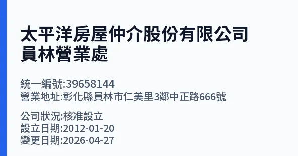 太平洋房屋仲介股份有限公司員林營業處的照片-統編 39658144(彰化縣) 公司登記資料與營業項目詳細圖表