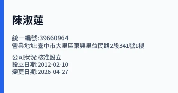 陳淑蓮的照片-統編 39660964(臺中市) 公司登記資料與營業項目詳細圖表