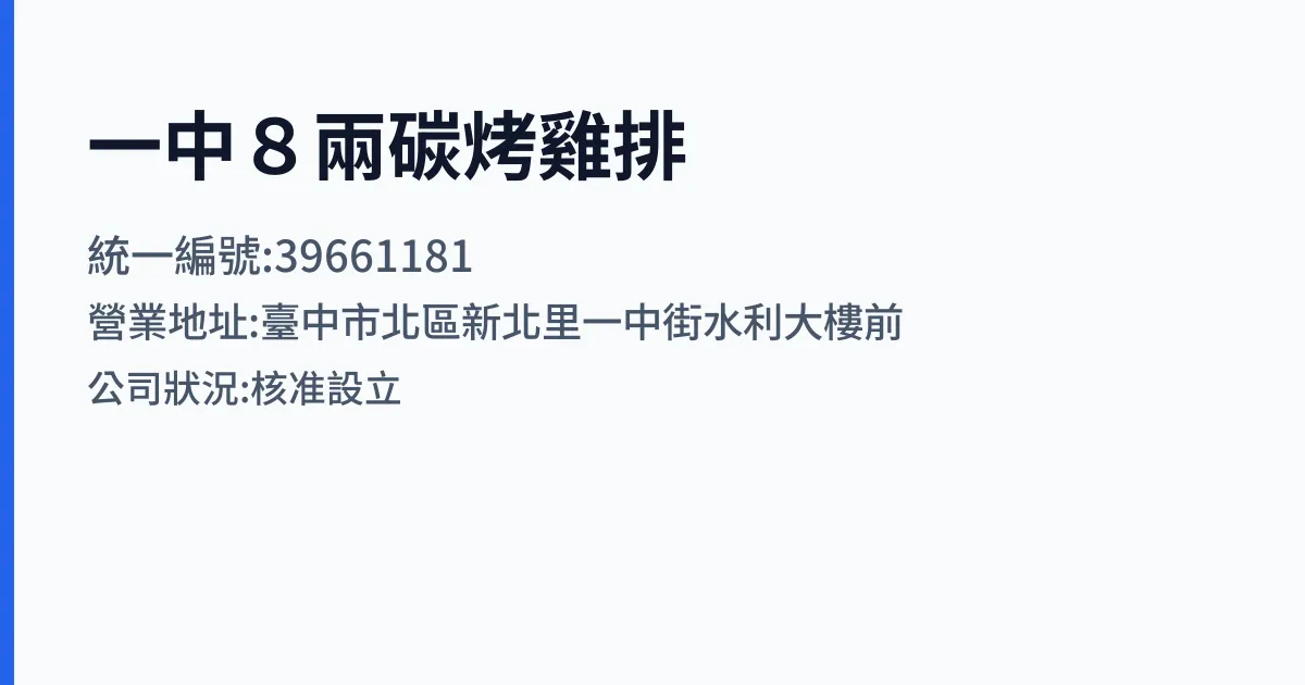 一中８兩碳烤雞排 - 統編 39661181(臺中市) 公司登記資料與營業項目詳細圖表