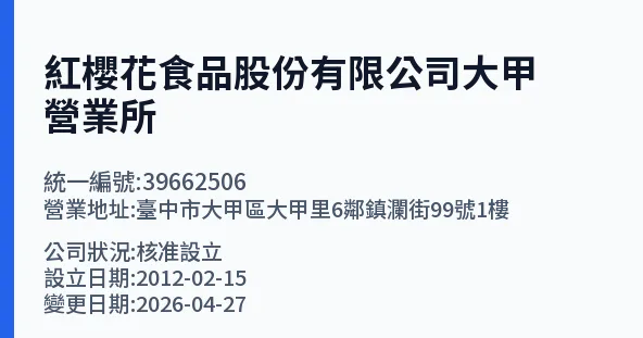 紅櫻花食品股份有限公司大甲營業所的照片-統編 39662506(臺中市) 公司登記資料與營業項目詳細圖表