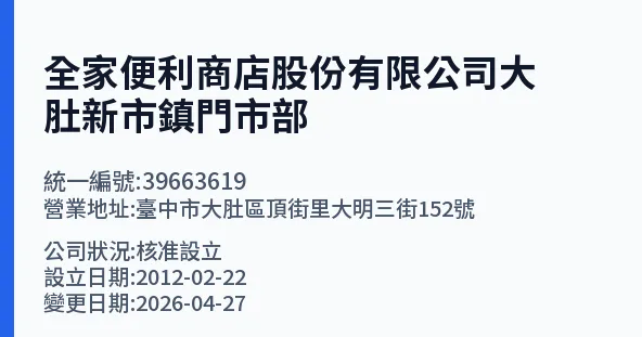 全家便利商店股份有限公司大肚新市鎮門市部的照片-統編 39663619(臺中市) 公司登記資料與營業項目詳細圖表