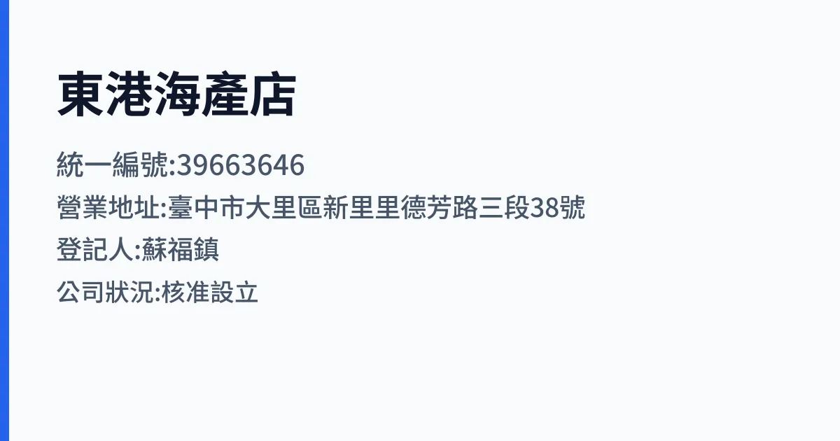 東港海產店 - 統編 39663646(臺中市) 公司登記資料與營業項目詳細圖表
