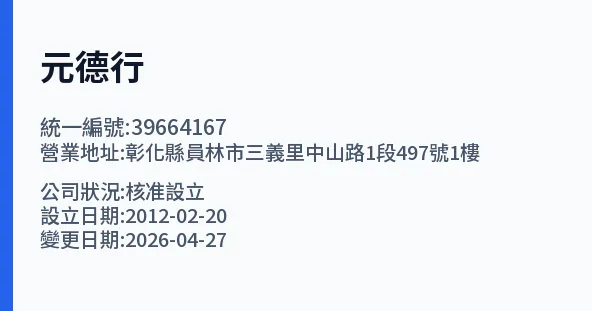 元德行的照片-統編 39664167(彰化縣) 公司登記資料與營業項目詳細圖表
