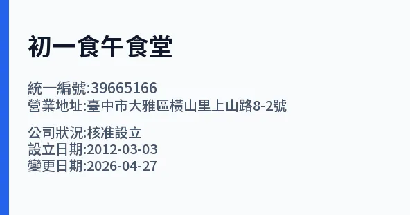 初一食午食堂的照片-統編 39665166(臺中市) 公司登記資料與營業項目詳細圖表