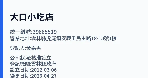大口小吃店的照片-統編 39665519(雲林縣) 公司登記資料與營業項目詳細圖表