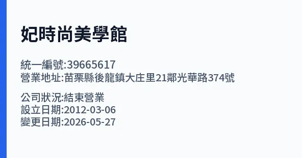 妃時尚美學館的照片-統編 39665617(苗栗縣) 公司登記資料與營業項目詳細圖表