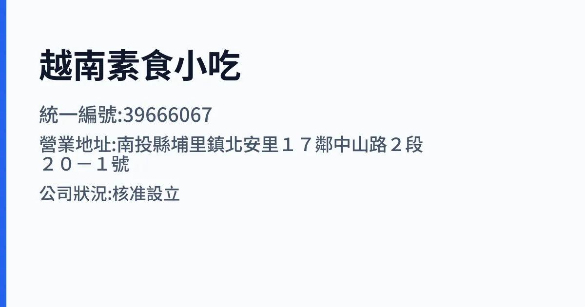 越南素食小吃 - 統編 39666067(南投縣) 公司登記資料與營業項目詳細圖表