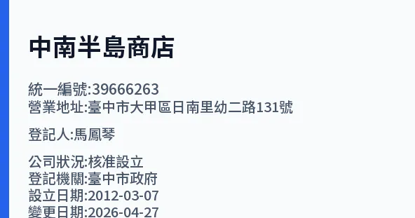 中南半島商店的照片-統編 39666263(臺中市) 公司登記資料與營業項目詳細圖表