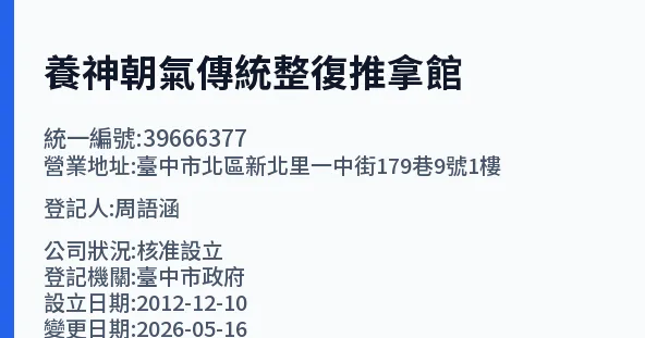養神朝氣傳統整復推拿館的照片-統編 39666377(臺中市) 公司登記資料與營業項目詳細圖表