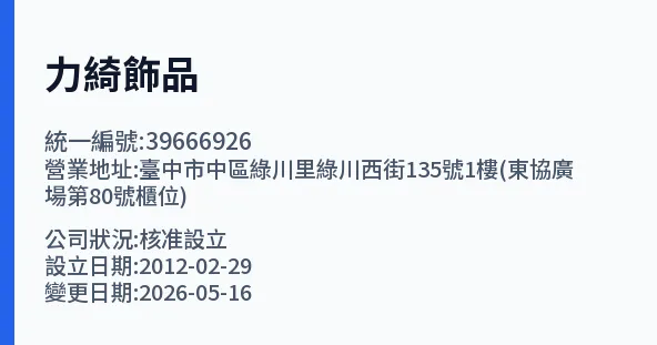 力綺飾品的照片-統編 39666926(臺中市) 公司登記資料與營業項目詳細圖表