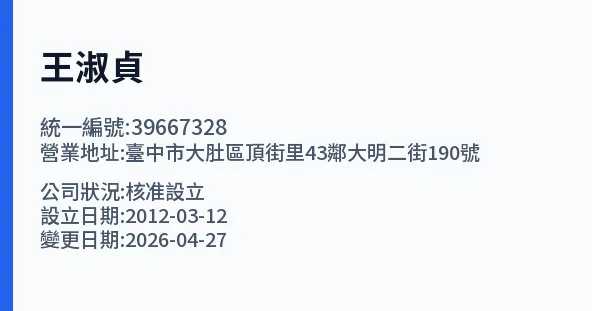 王淑貞的照片-統編 39667328(臺中市) 公司登記資料與營業項目詳細圖表