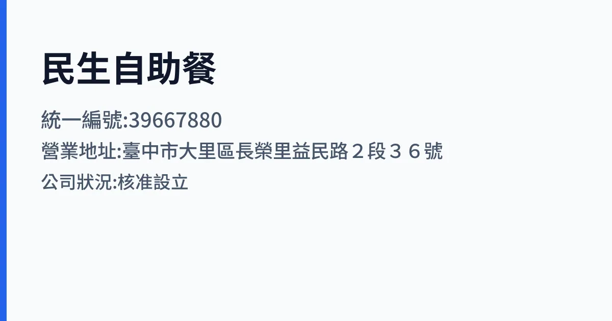 民生自助餐 - 統編 39667880(臺中市) 公司登記資料與營業項目詳細圖表