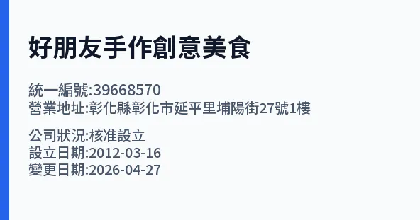 好朋友手作創意美食的照片-統編 39668570(彰化縣) 公司登記資料與營業項目詳細圖表