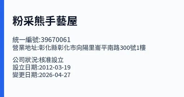 粉采熊手藝屋的照片-統編 39670061(彰化縣) 公司登記資料與營業項目詳細圖表