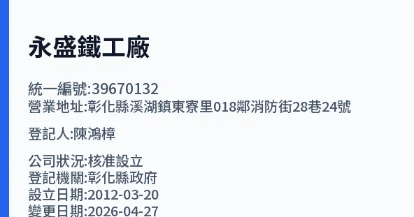 永盛鐵工廠的照片-統編 39670132(彰化縣) 公司登記資料與營業項目詳細圖表