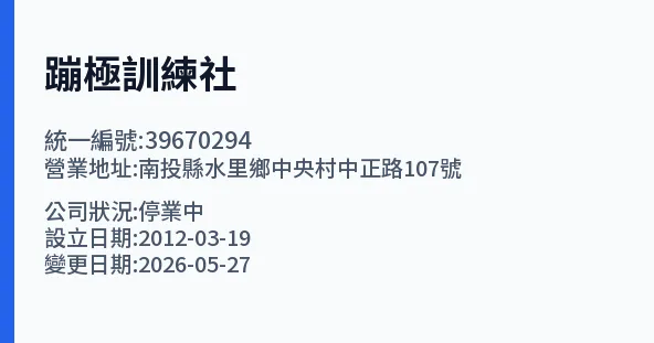 蹦極訓練社的照片-統編 39670294(南投縣) 公司登記資料與營業項目詳細圖表