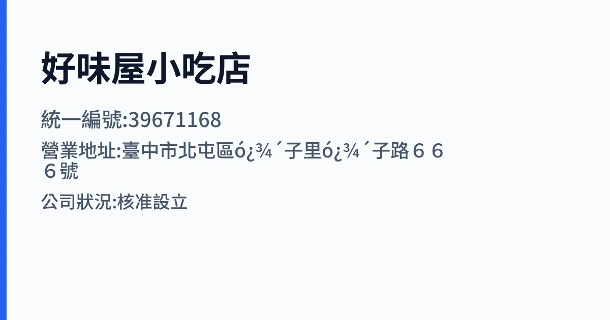 好味屋小吃店 - 統編 39671168(臺中市) 公司登記資料與營業項目詳細圖表