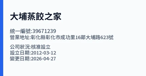 大埔蒸餃之家的照片-統編 39671239(彰化縣) 公司登記資料與營業項目詳細圖表