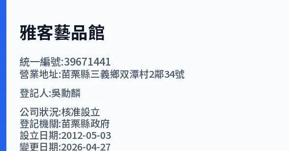 雅客藝品館的照片-統編 39671441(苗栗縣) 公司登記資料與營業項目詳細圖表
